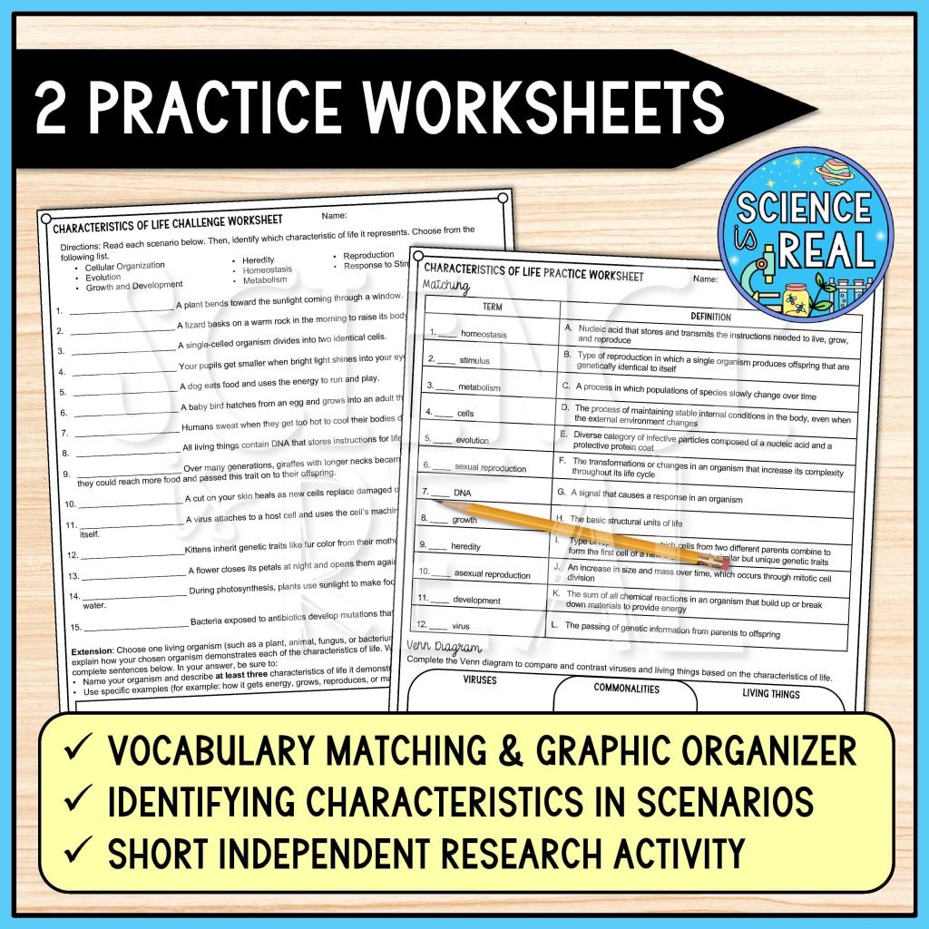 Characteristics of Life Reading Comprehension, Worksheets, and CER ...